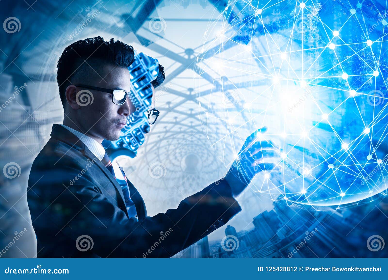 The Double Exposure Image Of The Businessman Standing Overlay With The Cpu Installing Image And