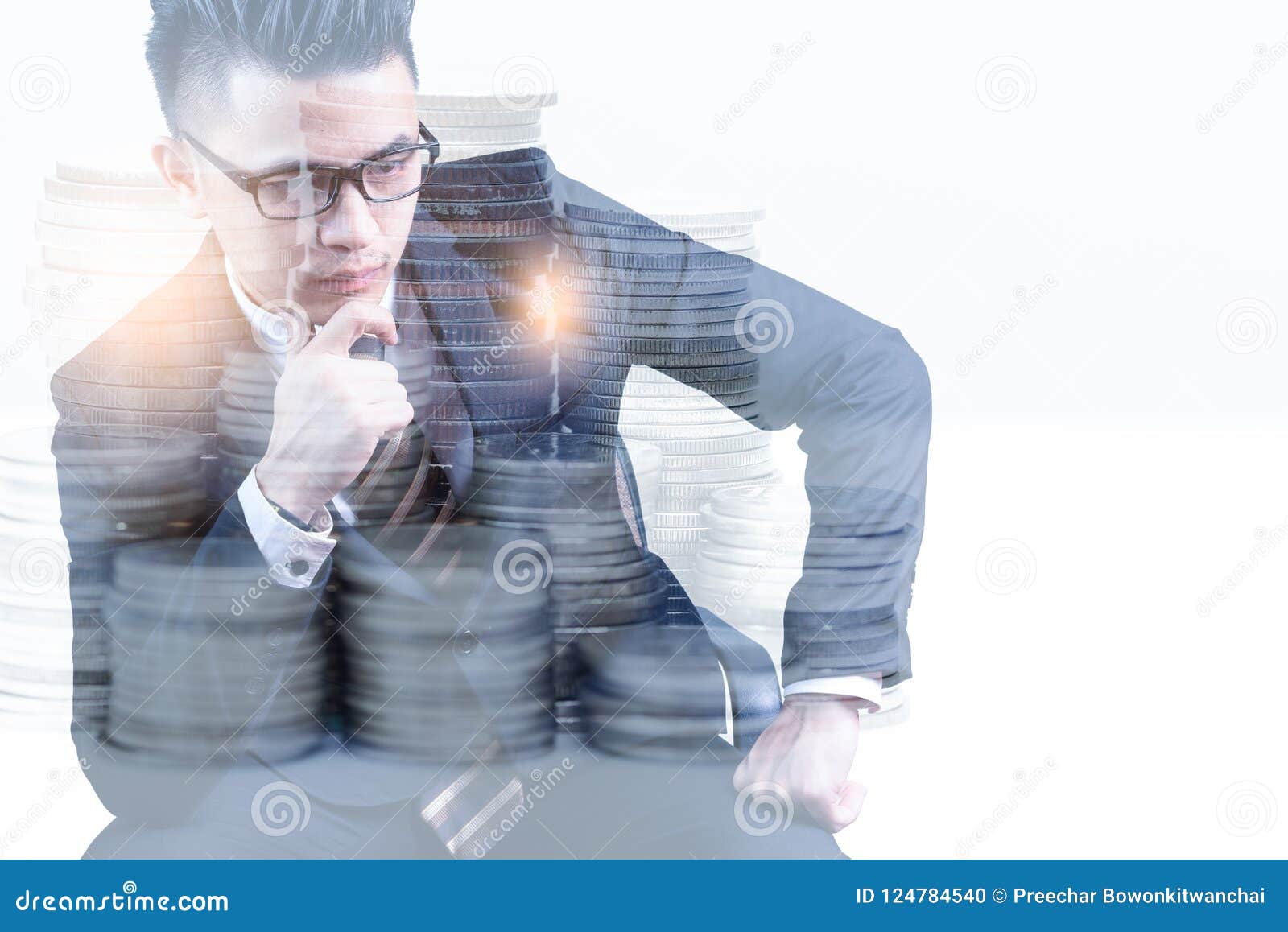 The Double Exposure Image of Businessman Thinking Overlay with Coin ...