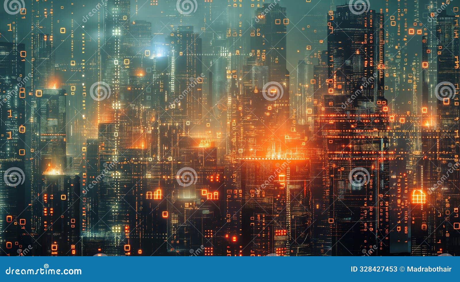 Double Exposure Image of a Cityscape at Night with a Matrix Overlay ...