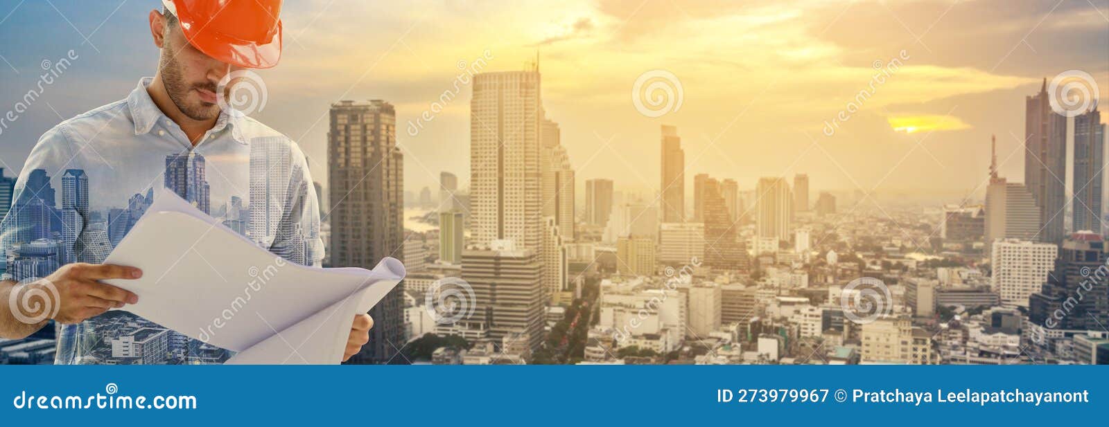 Double Exposure Image Of Construction Engineer Manager Workers In ...