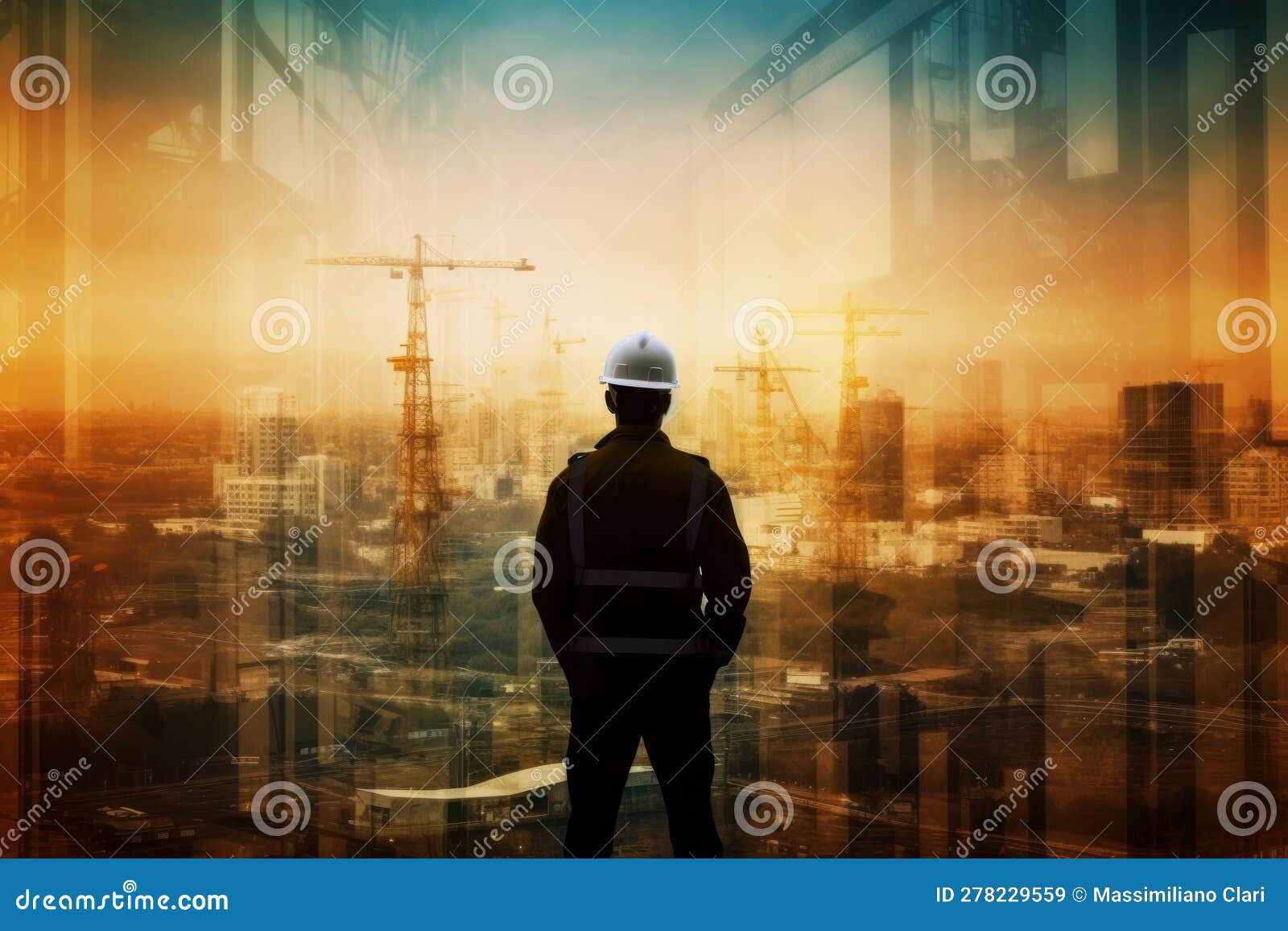 The Double Exposure Image of the Engineer Standing Back during Sunrise ...