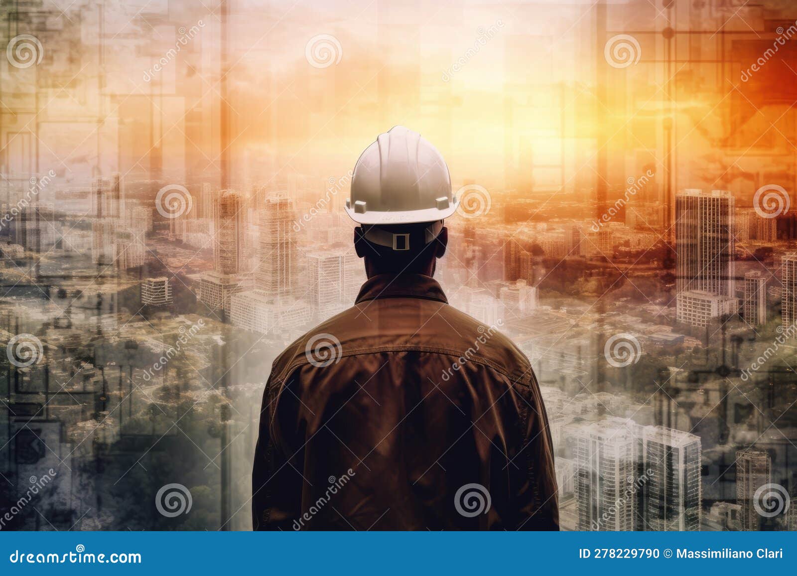 The Double Exposure Image of the Engineer Standing Back during Sunrise ...