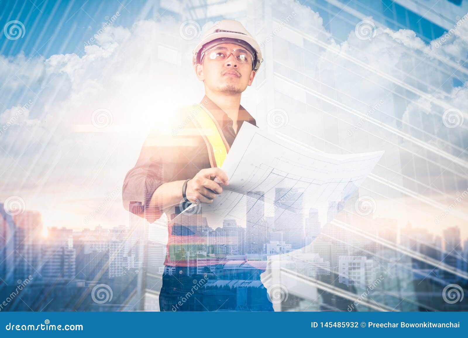 The Double Exposure Image of the Engineer Standing Back during Sunrise ...