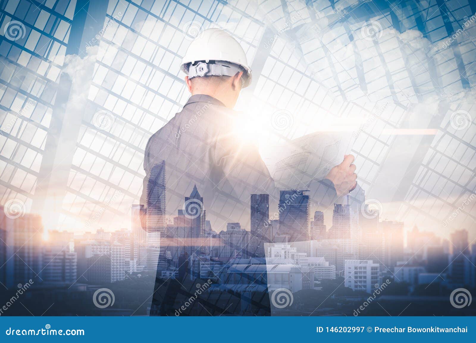 The Double Exposure Image of the Engineer Standing Back during Sunrise ...