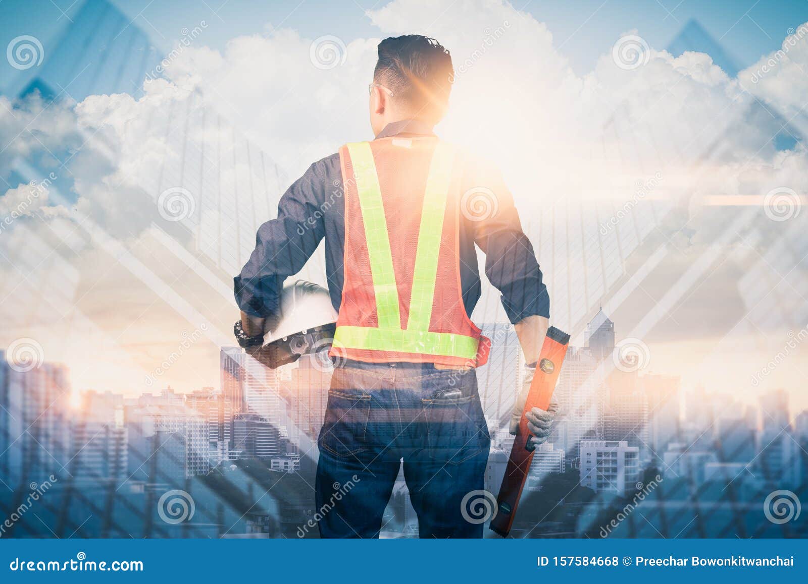 The Double Exposure Image of the Engineer Standing Back during Sunrise ...