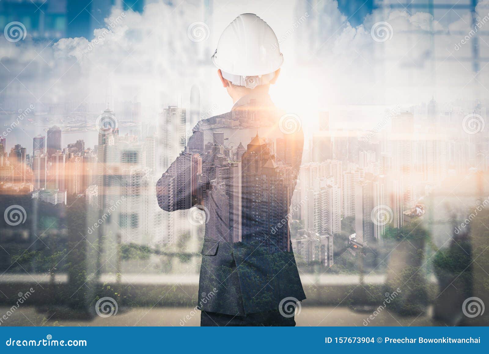 The Double Exposure Image of the Engineer Standing Back during Sunrise ...