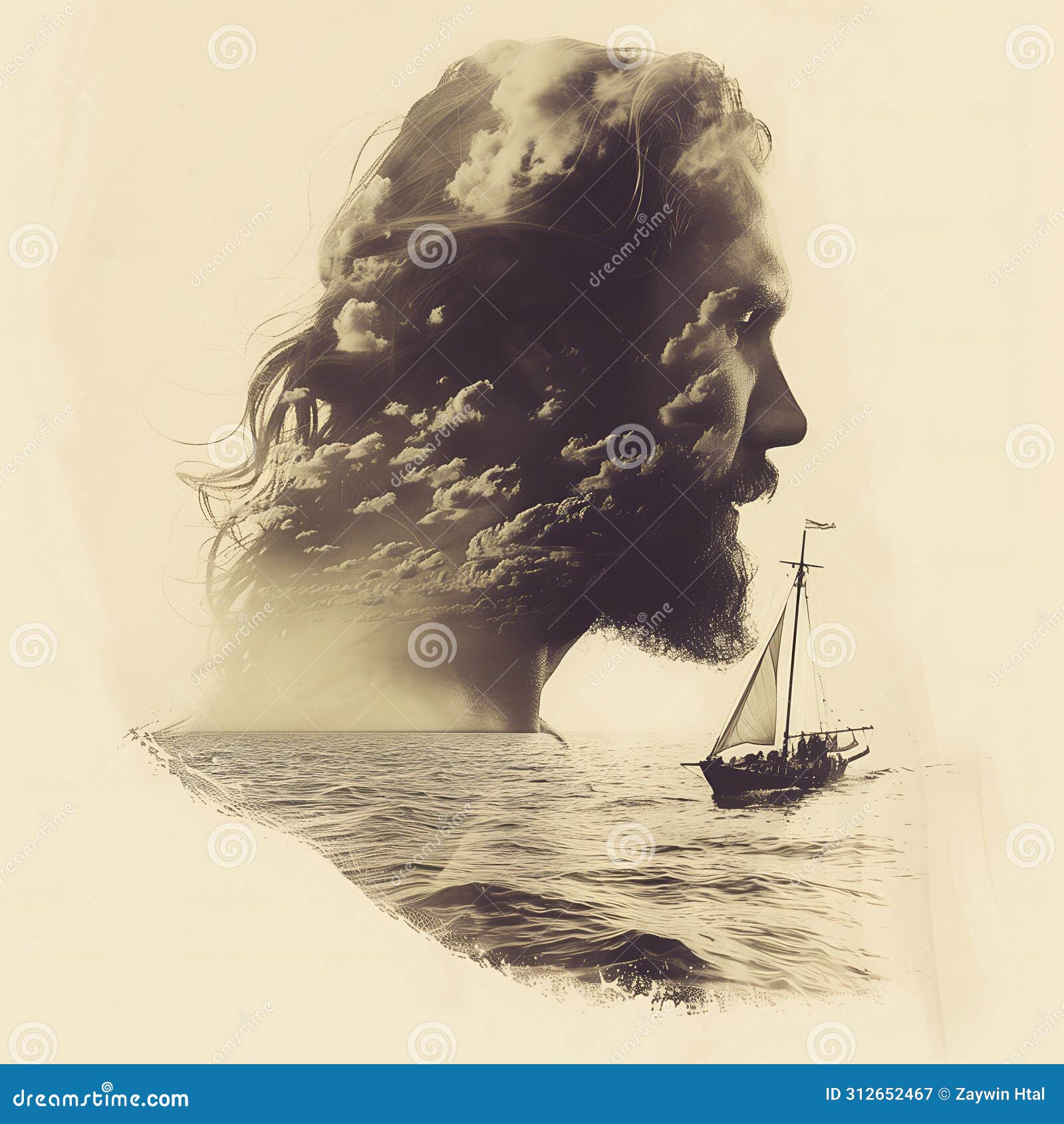 Double Exposure Image of Jesus Christ and Ocean. Calming Storm Concept ...
