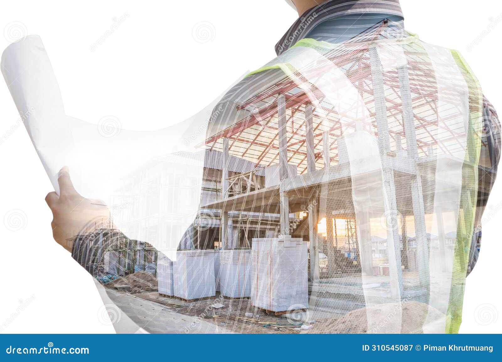 Double Exposure Image of Professional Engineer in Protective Helmet and ...