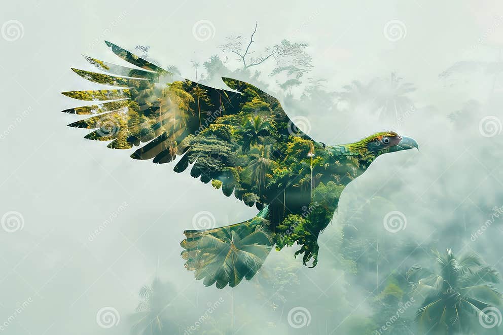 Double Exposure Image of Rainforest and Bird in Flight. Stock ...
