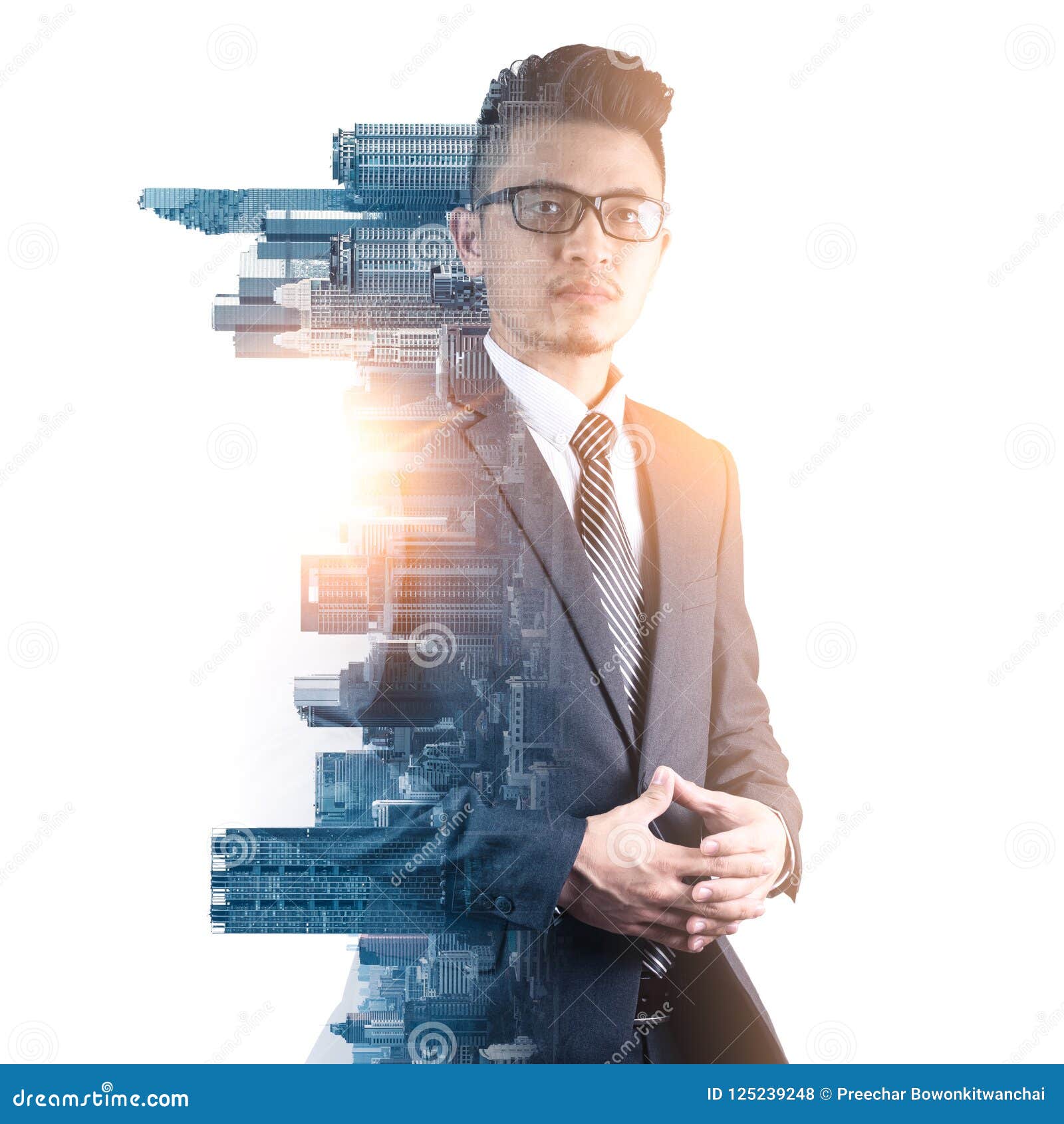 The Double Exposure Image Of The Smart Businessman Standing During Sunrise Overlay With