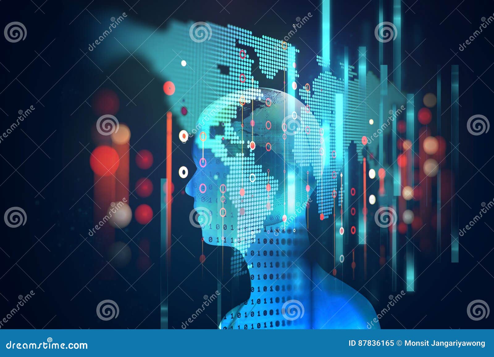 Double Exposure Image Of Virtual Human On World Map 3dillustration ...