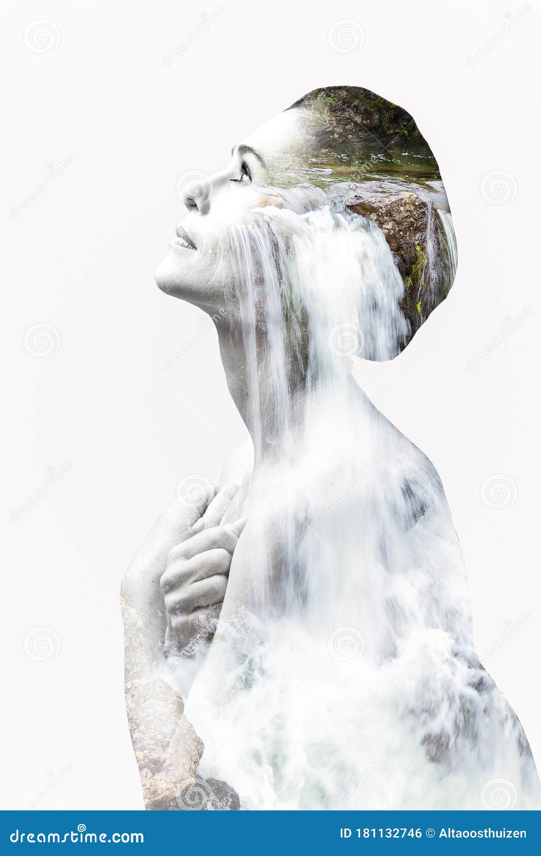 Double Exposure Image of a Woman Portrait with a Waterfall Landscape ...