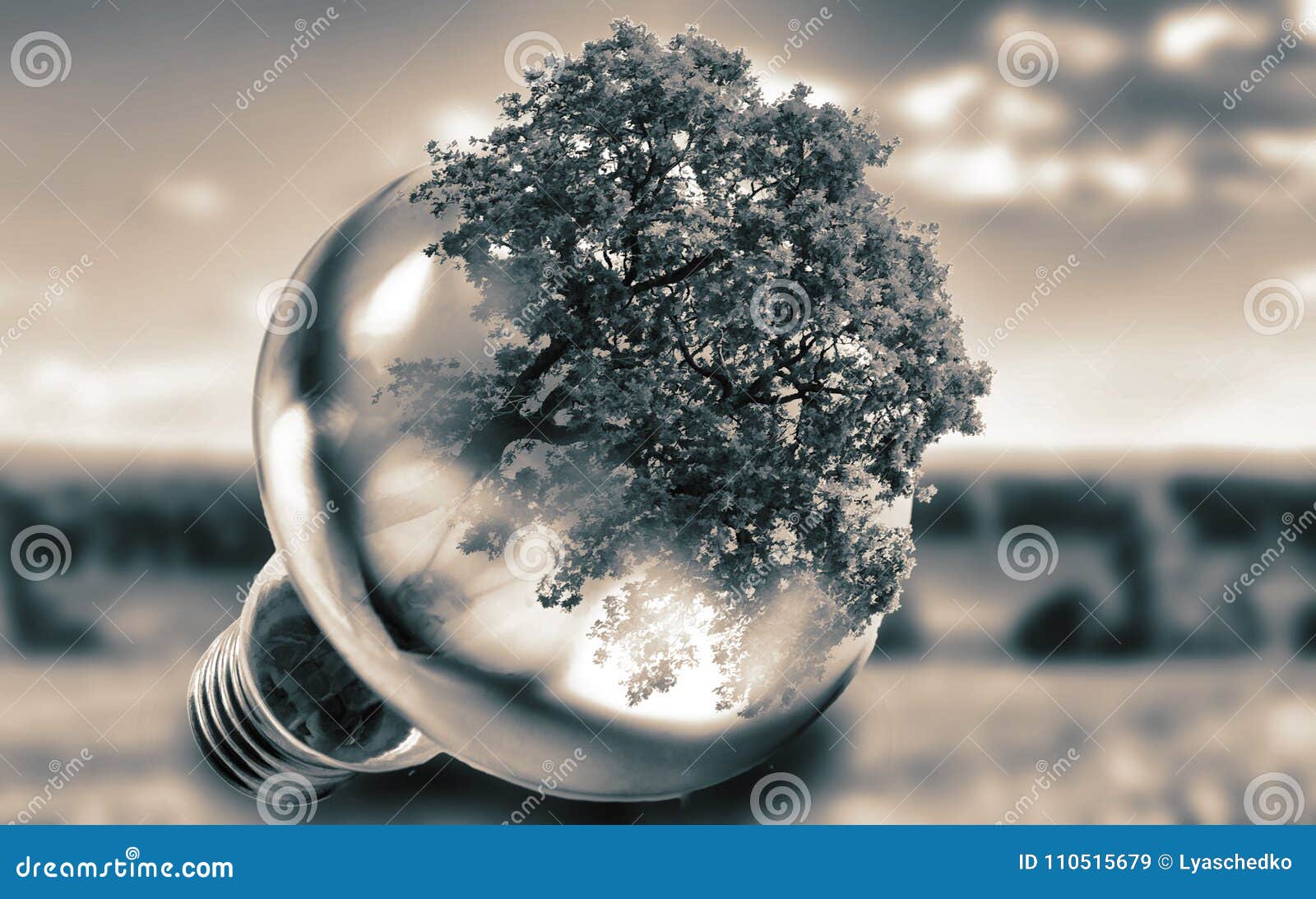 Double Exposure: Light Bulb and Nature. Stock Illustration ...