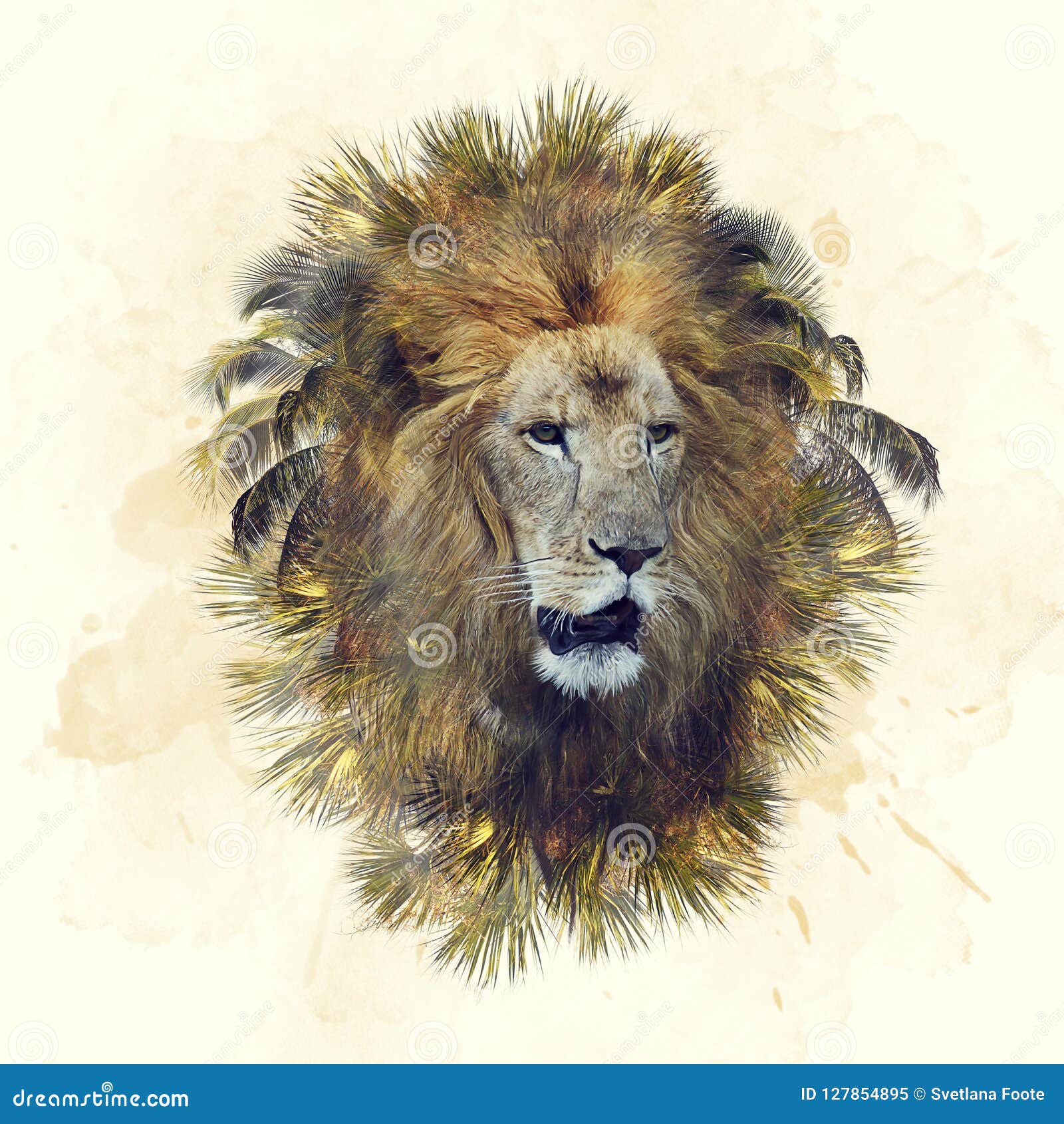 Double Exposure of Lion Head and Palm Trees Stock Image - Image of wild ...