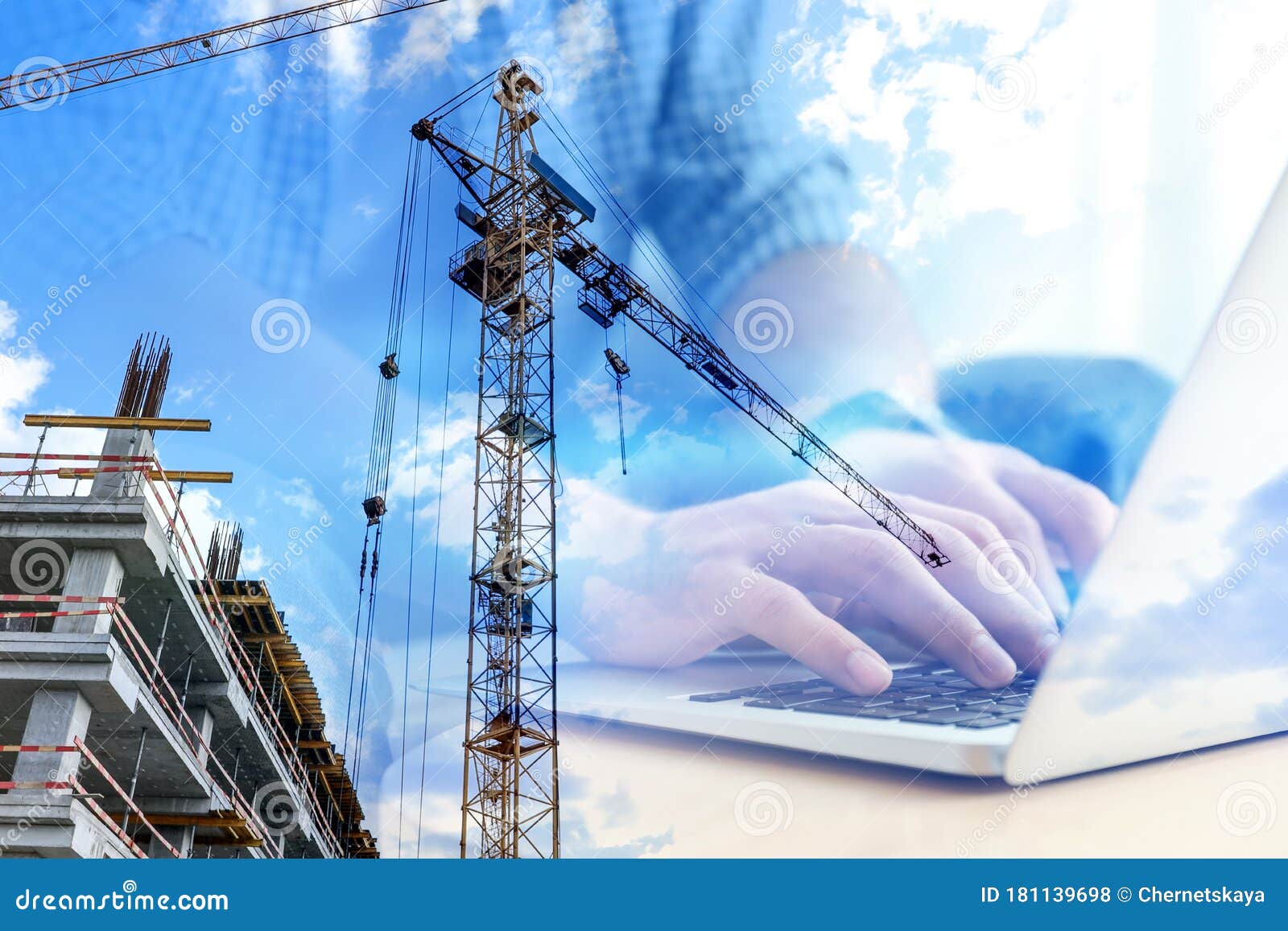 Double Exposure of Male Programmer Using Laptop and Construction Site ...