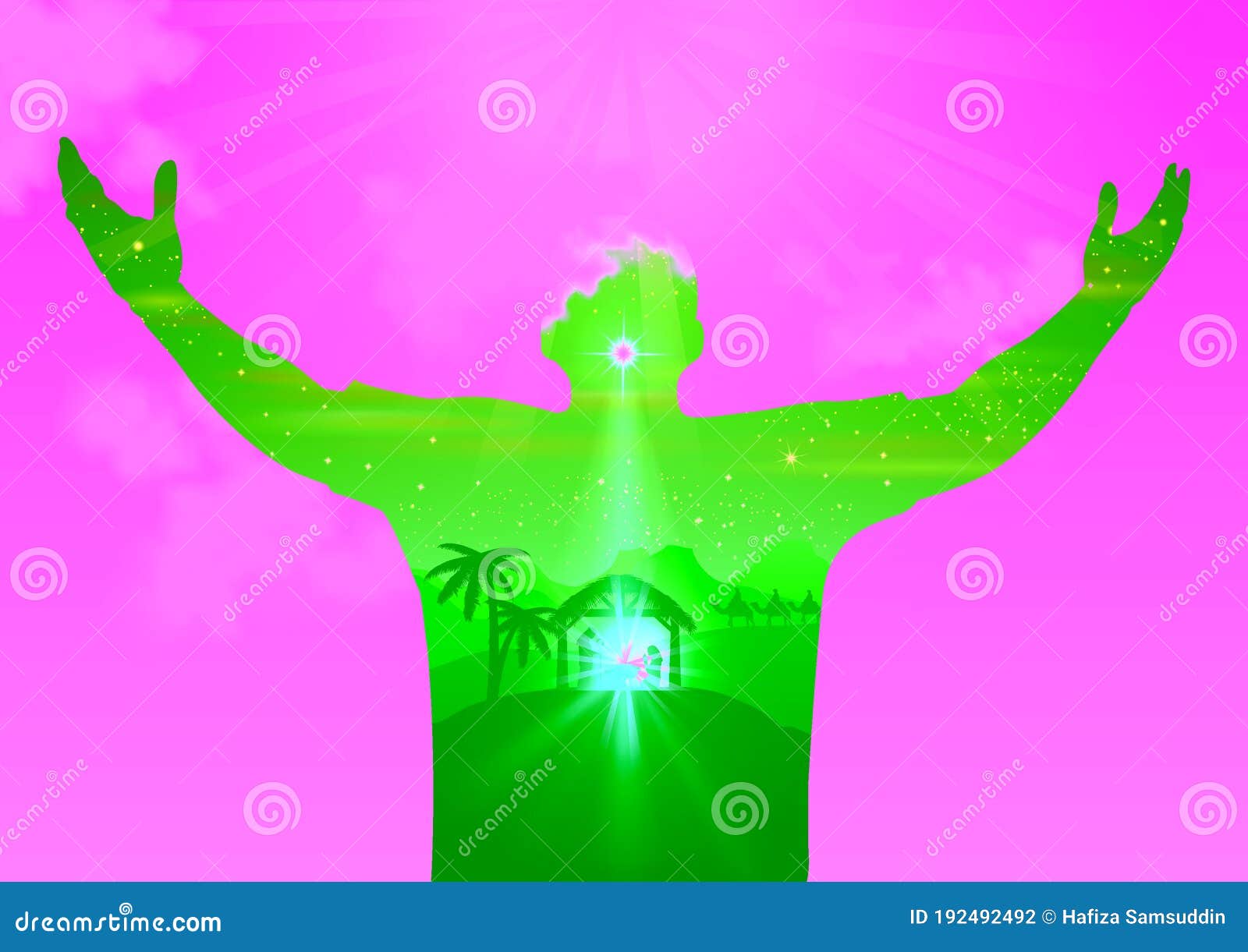 Double Exposure Man with Open Arms. Vector Illustration Decorative ...