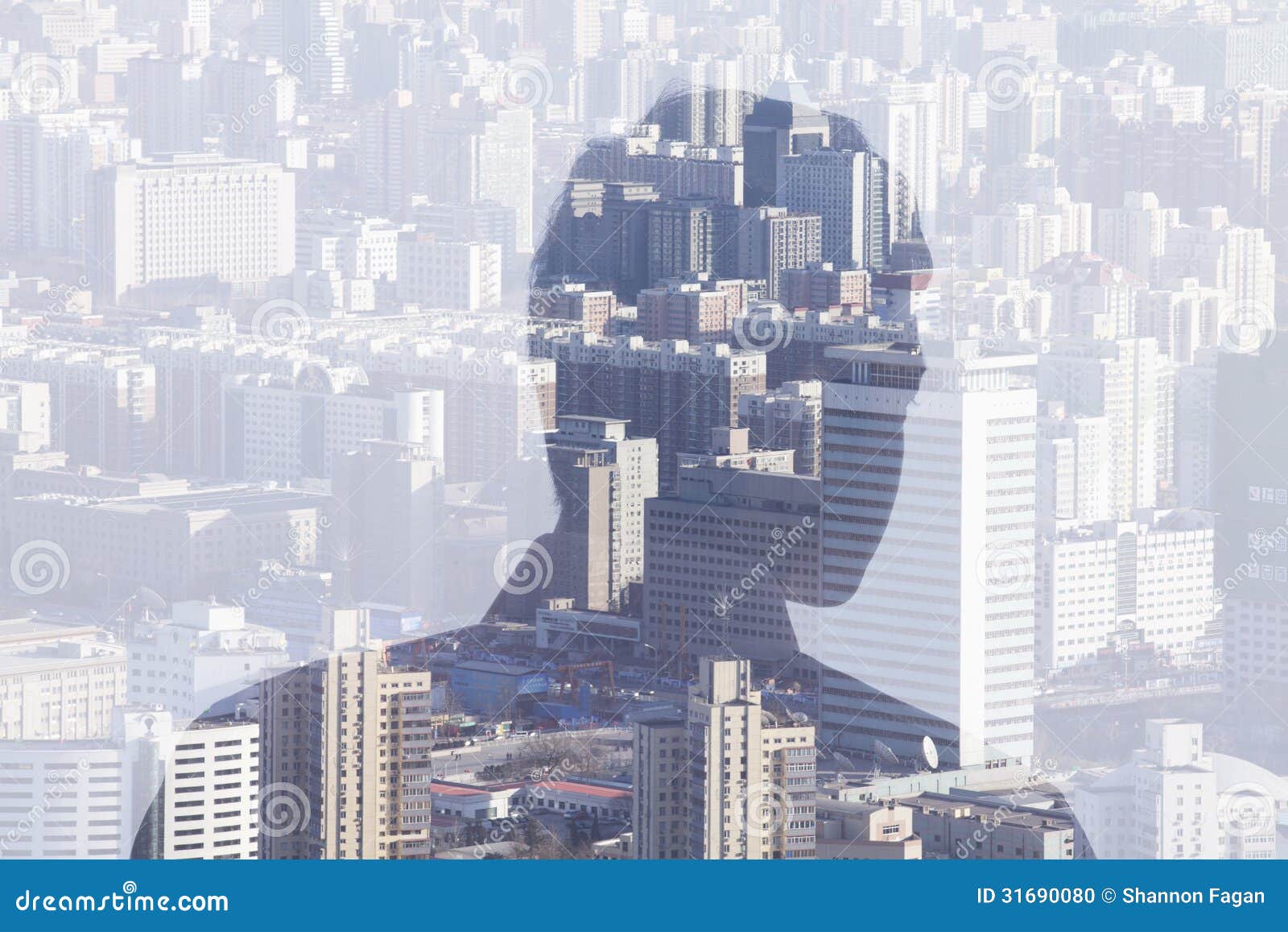 Double Exposure of Man Over Cityscape, Rear View Stock Photo - Image of ...