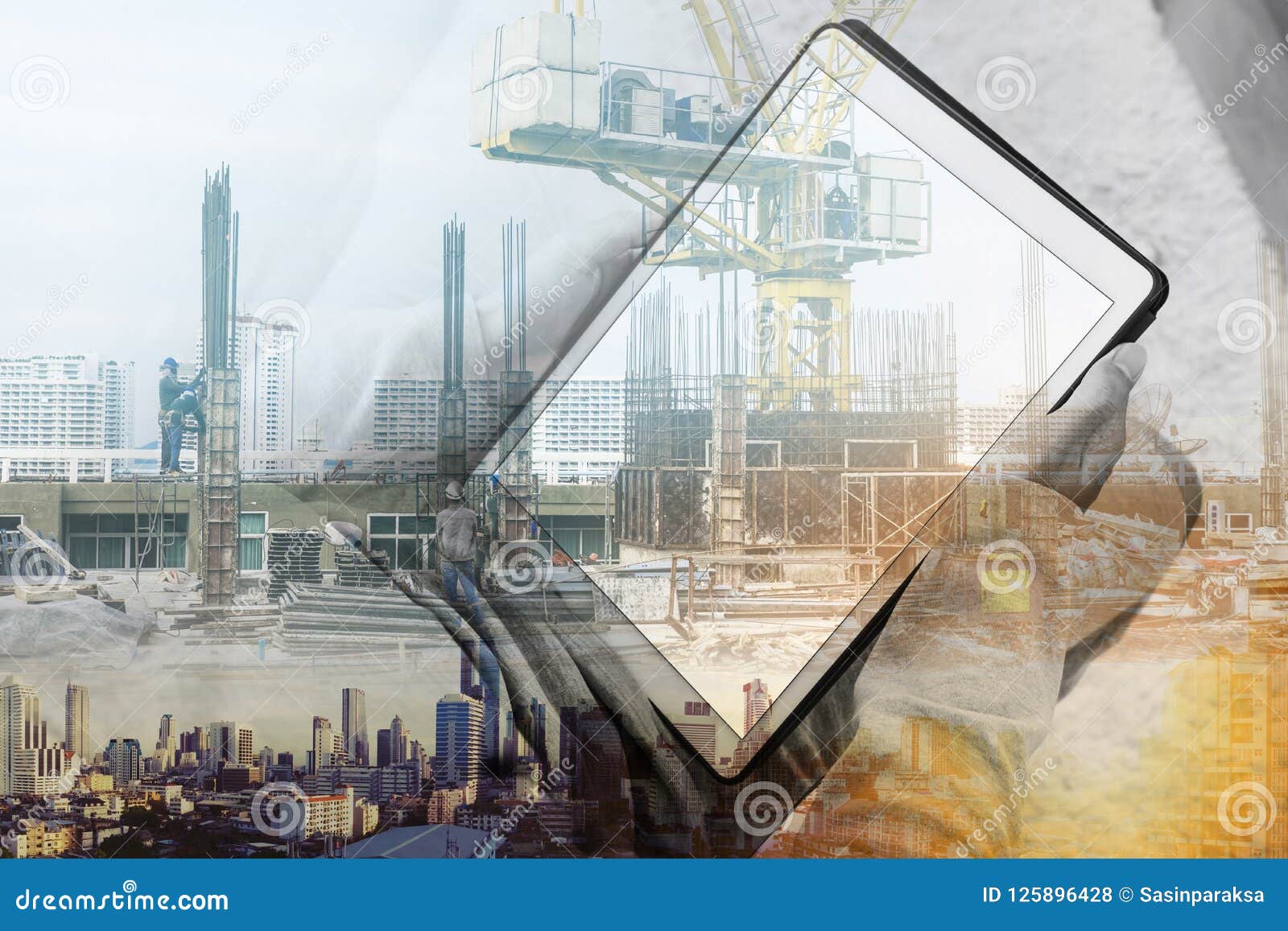 Double Exposure, a Man Using Digital Tablet and Buildings Construction ...