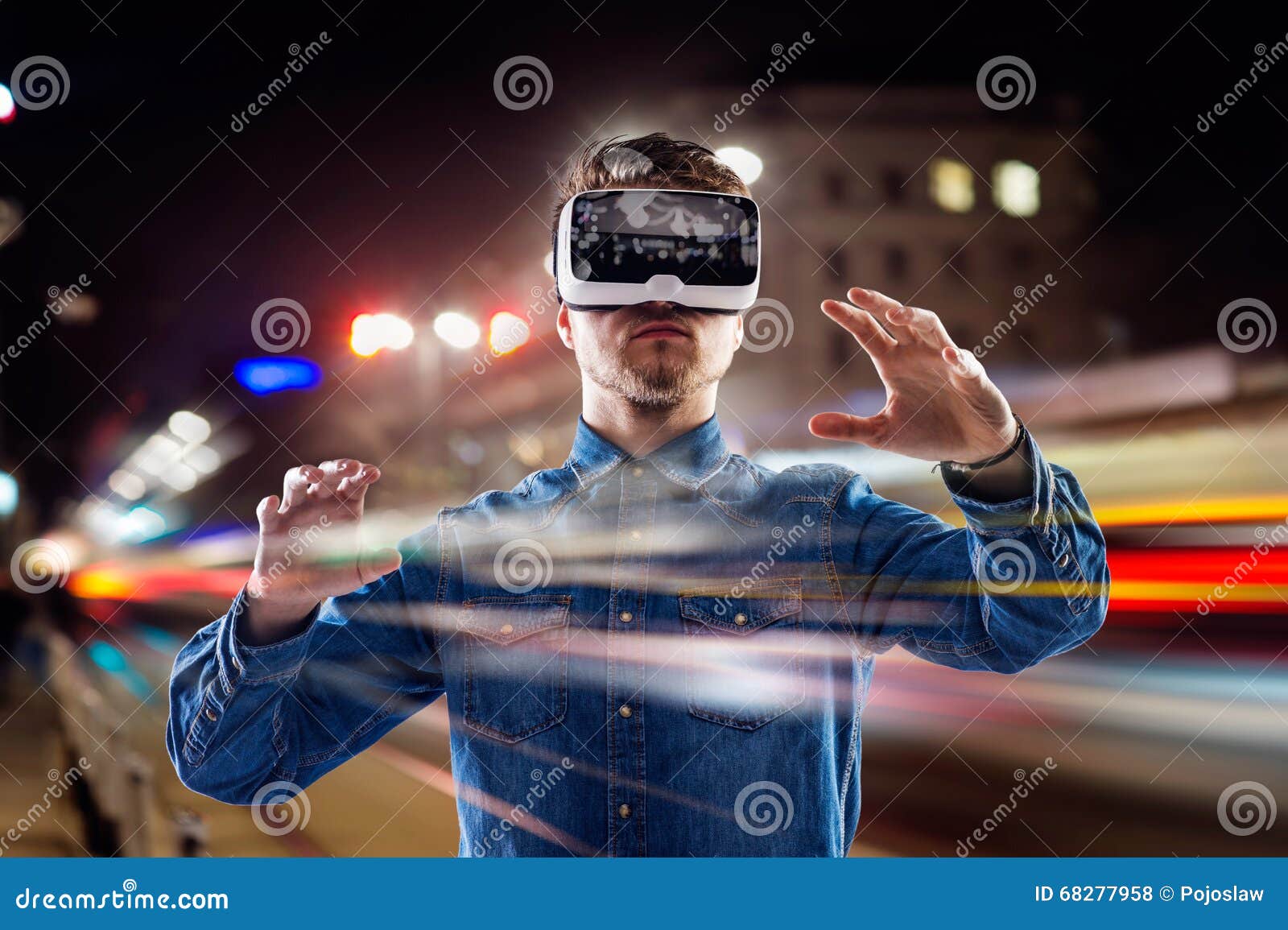 Double Exposure, Man Wearing Virtual Reality Goggles, Night City Stock ...