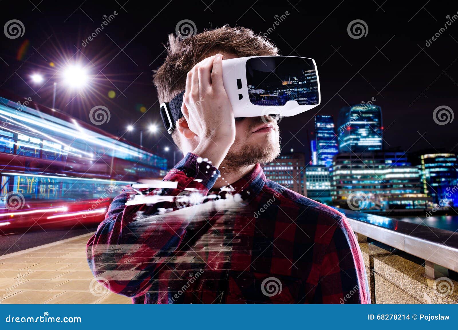 Double Exposure, Man Wearing Virtual Reality Goggles, Night City Stock ...