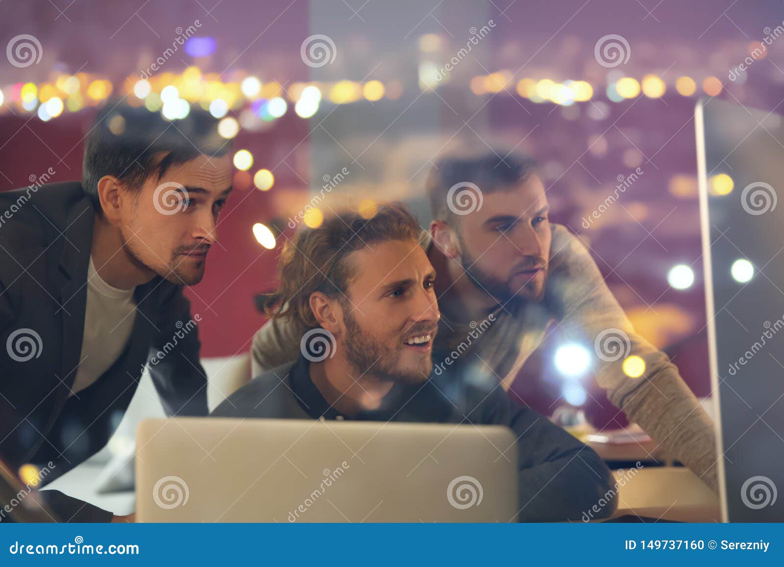 Double Exposure of Men Working in Office and Illuminated City at Night ...