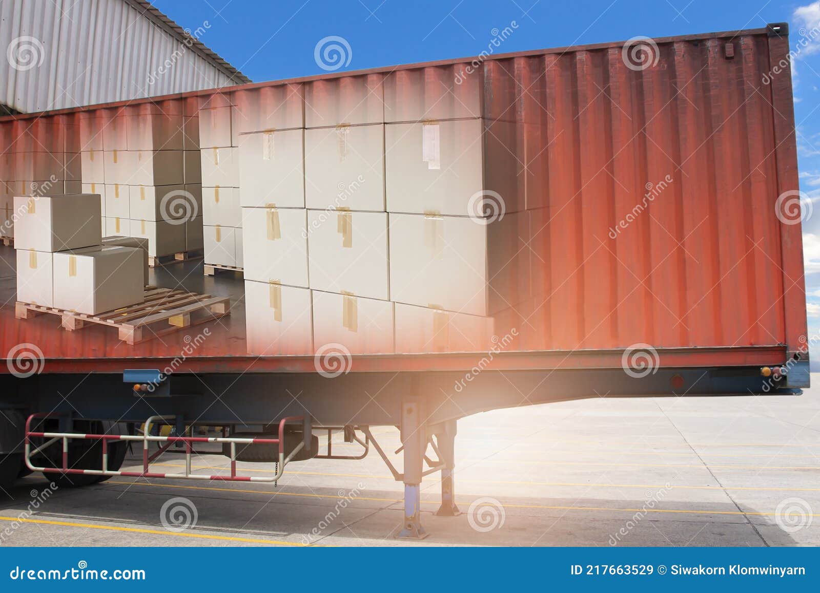 Double Exposure Of Package Boxes Inside Shipping Container. Trailer ...