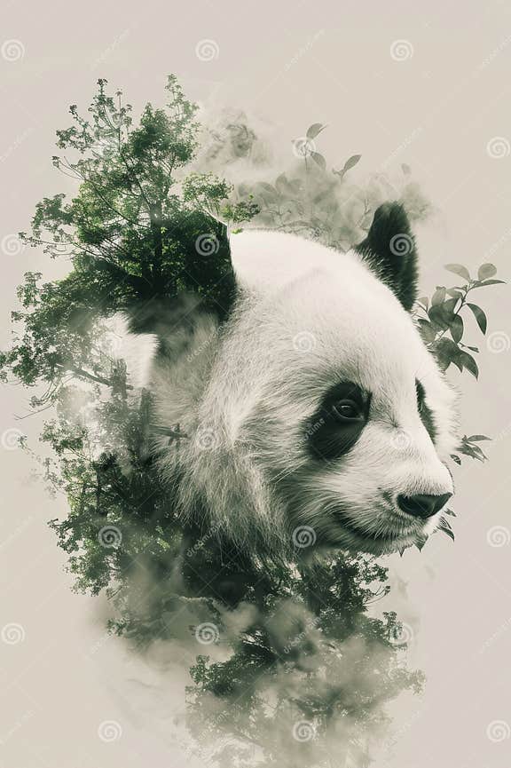 Double Exposure of a Panda and Forest Element Stock Illustration ...
