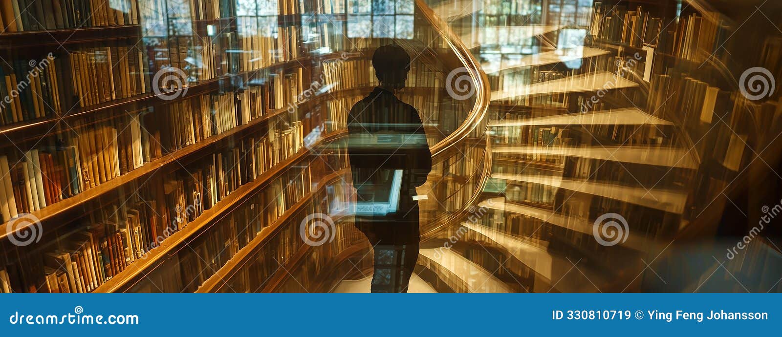 Double Exposure with Person in Vintage Library Stock Illustration ...