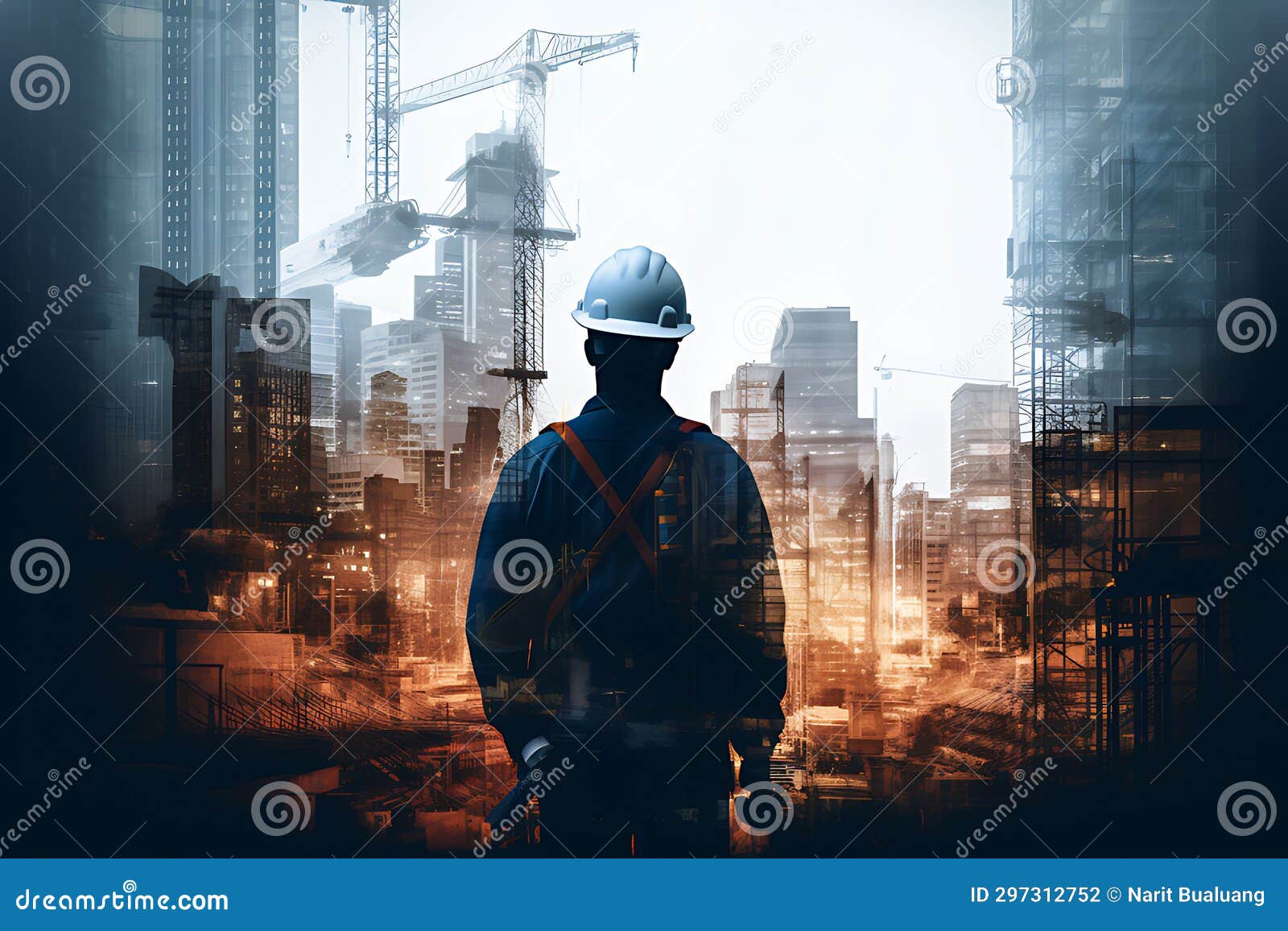 Double Exposure Photography of Construction Worker and Building Stock ...