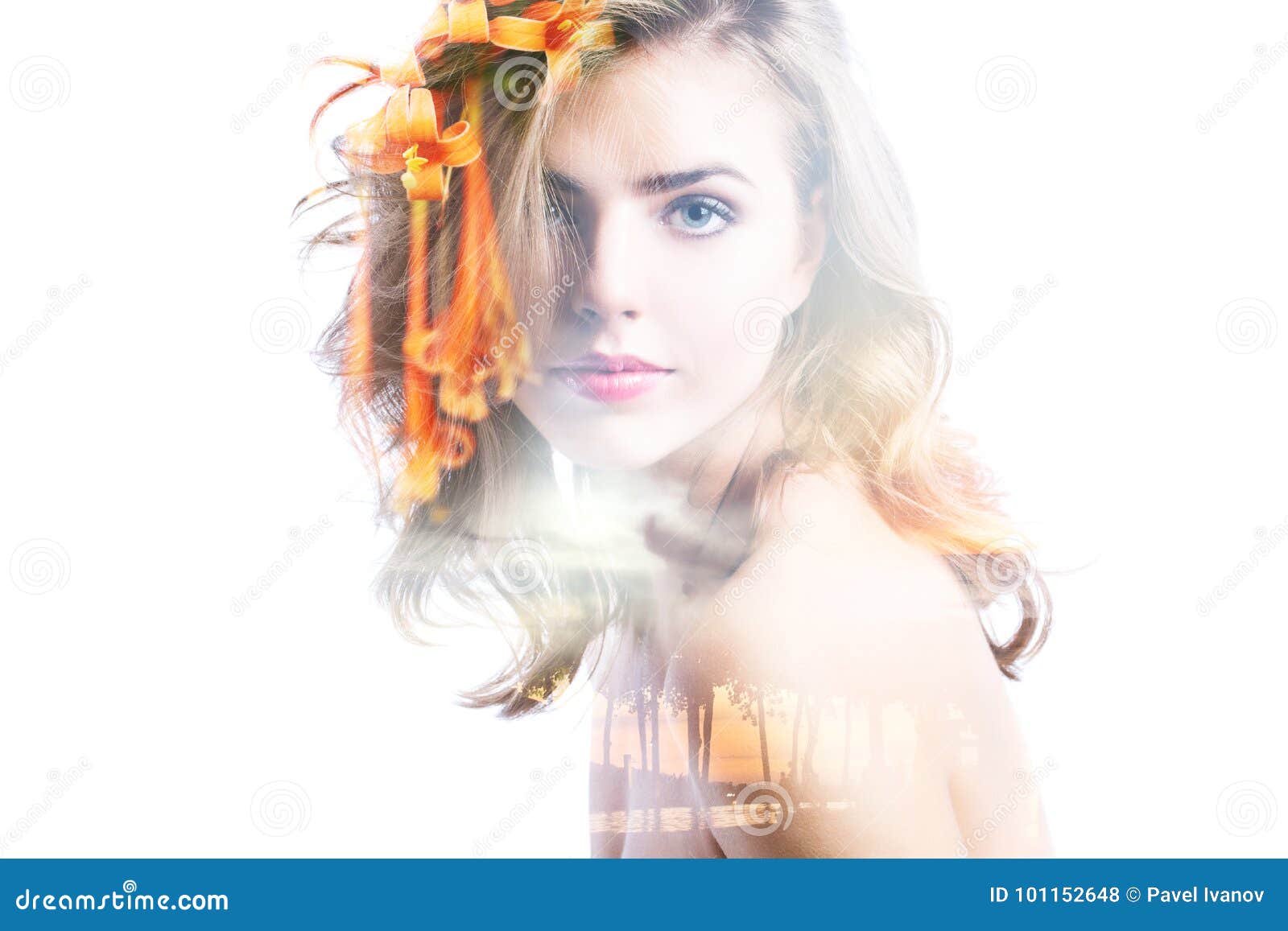 Double Exposure Portrait of Beautiful Woman, Sunset Sea and Flowers ... Double Exposure Portrait of Beautiful Woman, Sunset Sea and Flowers ...