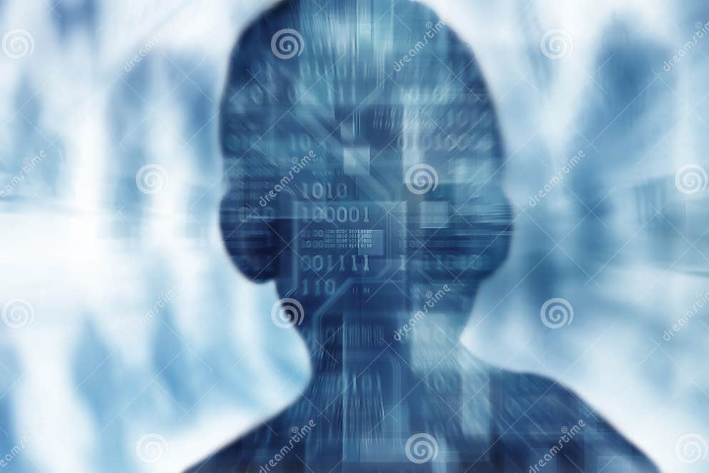 Double Exposure Portrait Combined with Photograph of Head with Binary ...
