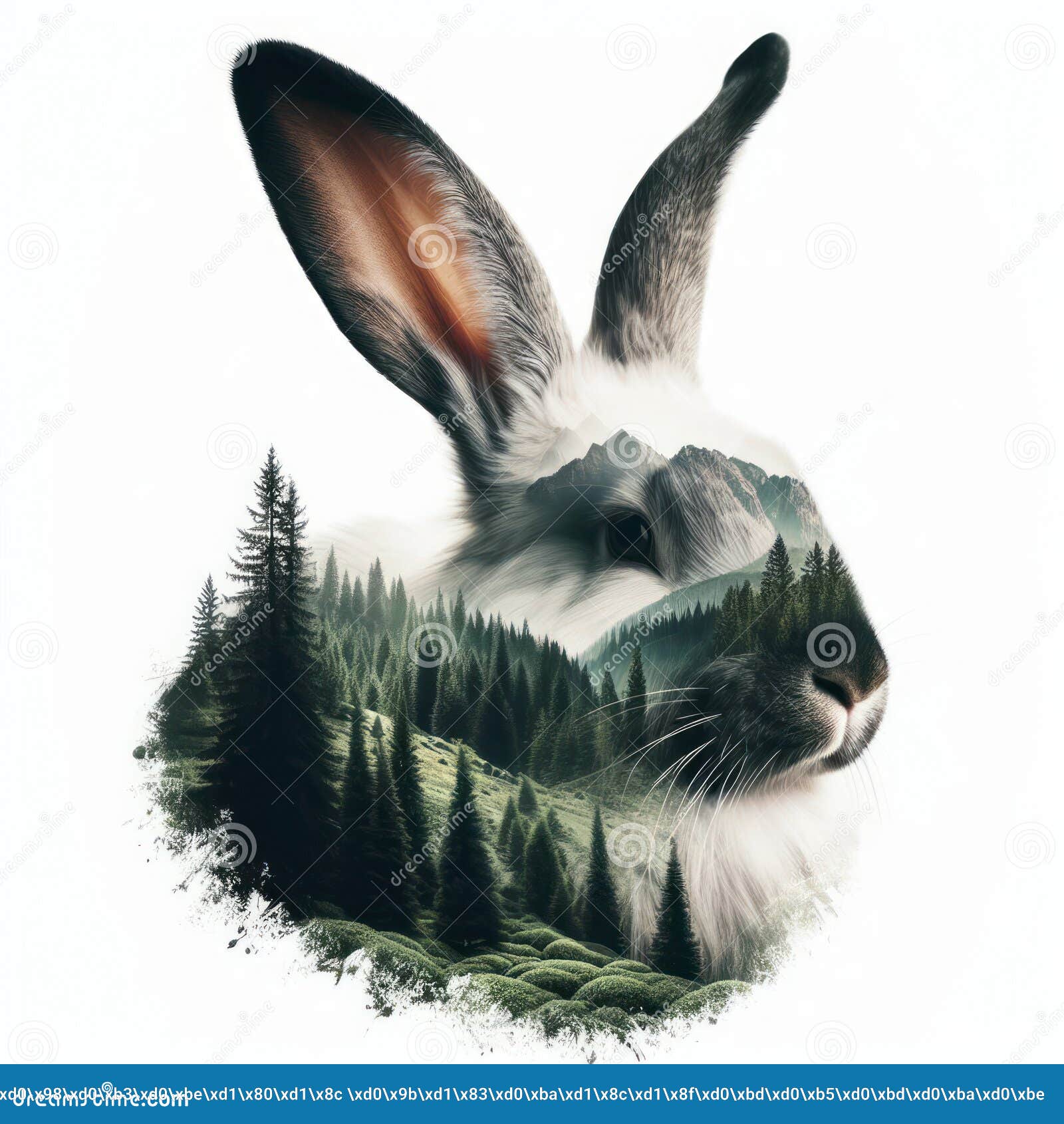 Double Exposure Rabbit with a Forest and Mountains Isolated on a White ...