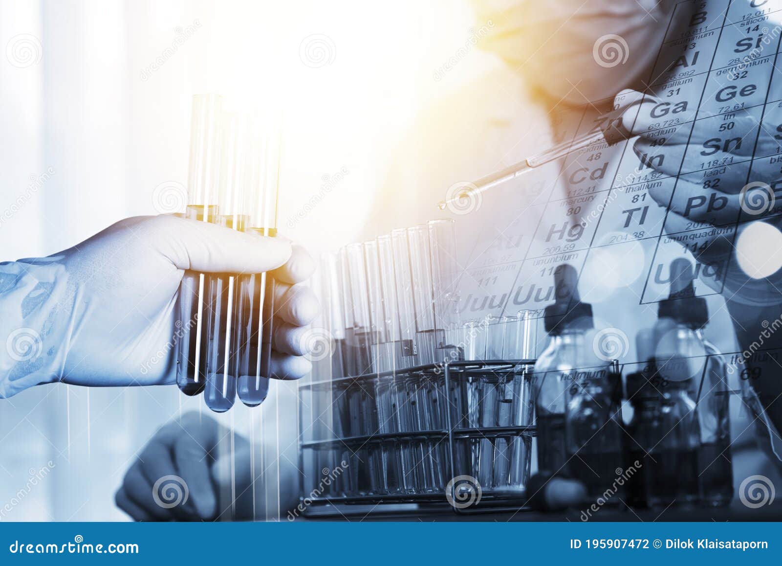 Double Exposure of Scientists Put a Chemical Dropper into a Test Tube ...