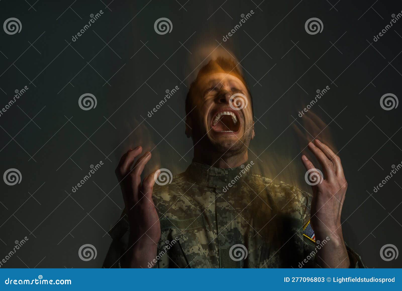 Double Exposure of Serviceman Screaming while Stock Image - Image of ...