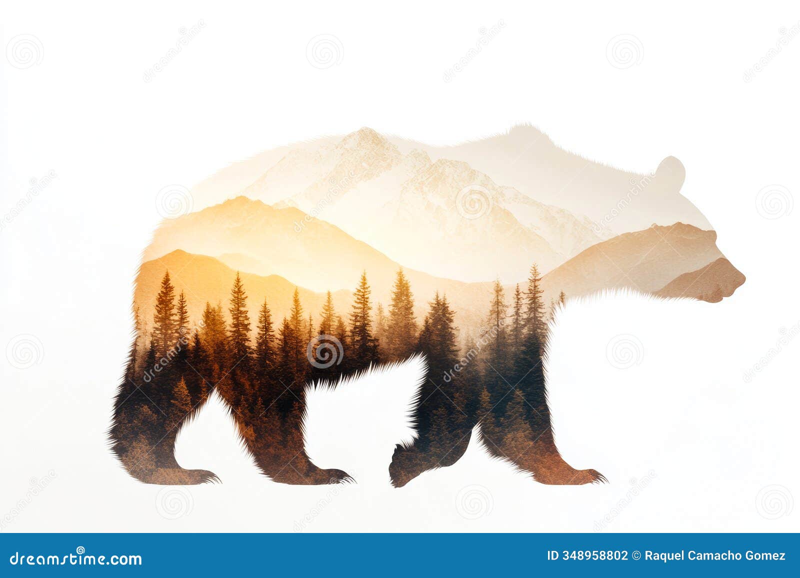 Double Exposure, Side View of a Bear and Landscape of Forest and ...
