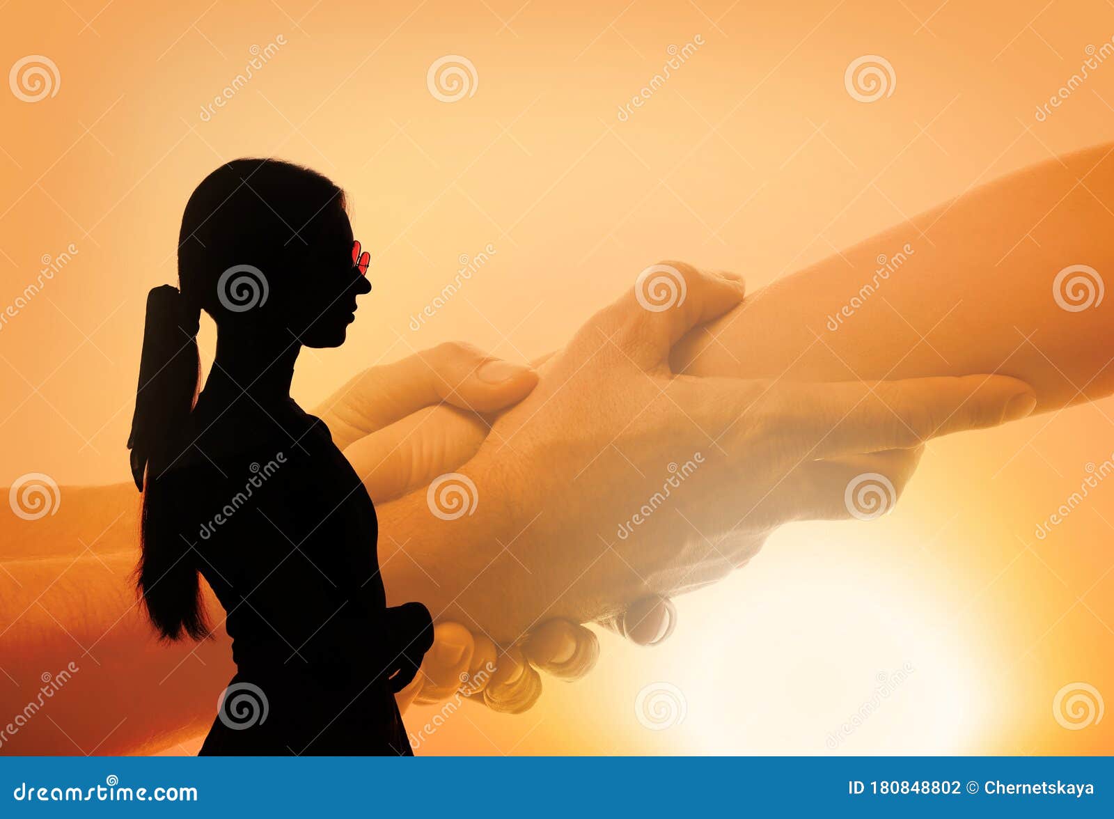 Double Exposure with Silhouette of Young Woman and Helping Hand at ...