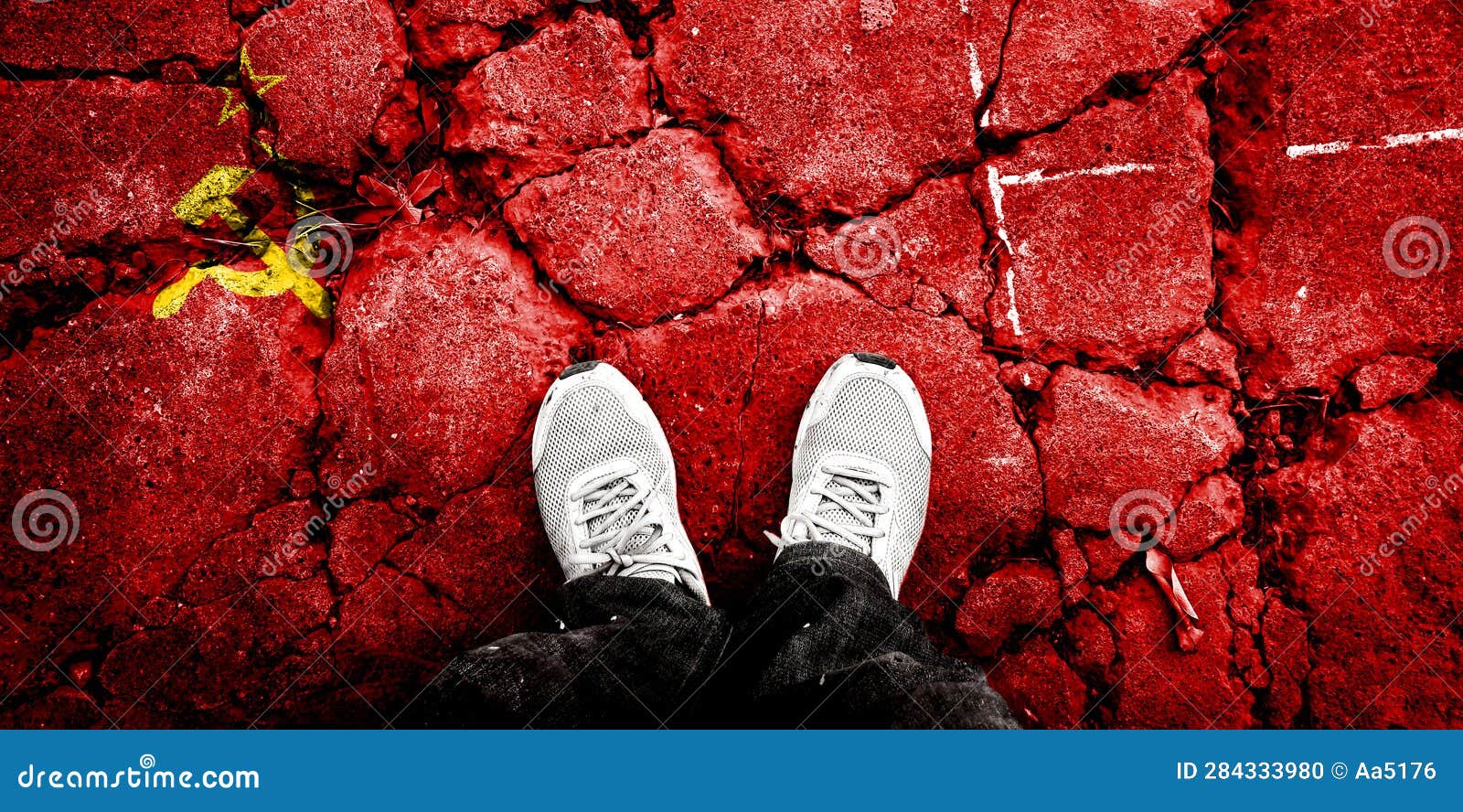 Double Exposure of Soviet Union Flag with Cracks on Broken Stone. a ...