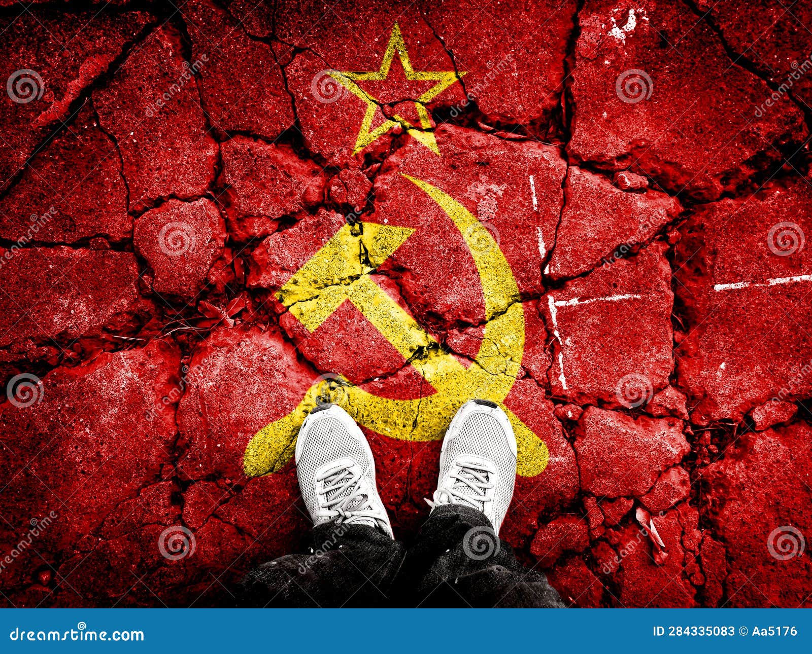 Double Exposure of Soviet Union Flag with Cracks on Broken Stone. a ...