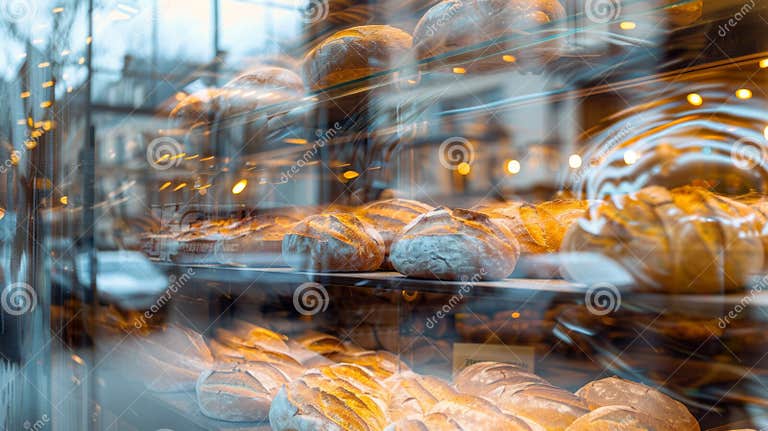 Double Exposure of Spinning Bread Slices and a Bakery Storefront Stock ...