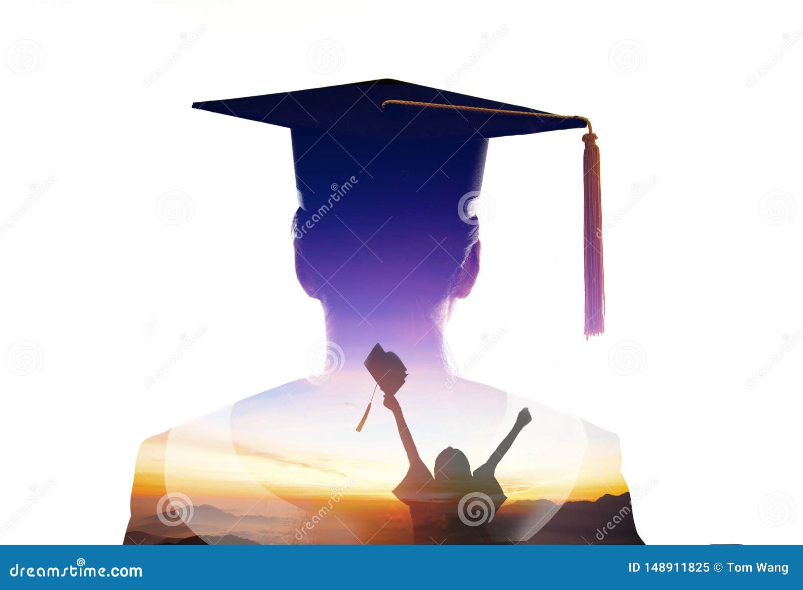 Double Exposure of Student Graduation Watching the Sunrise Stock Image ...