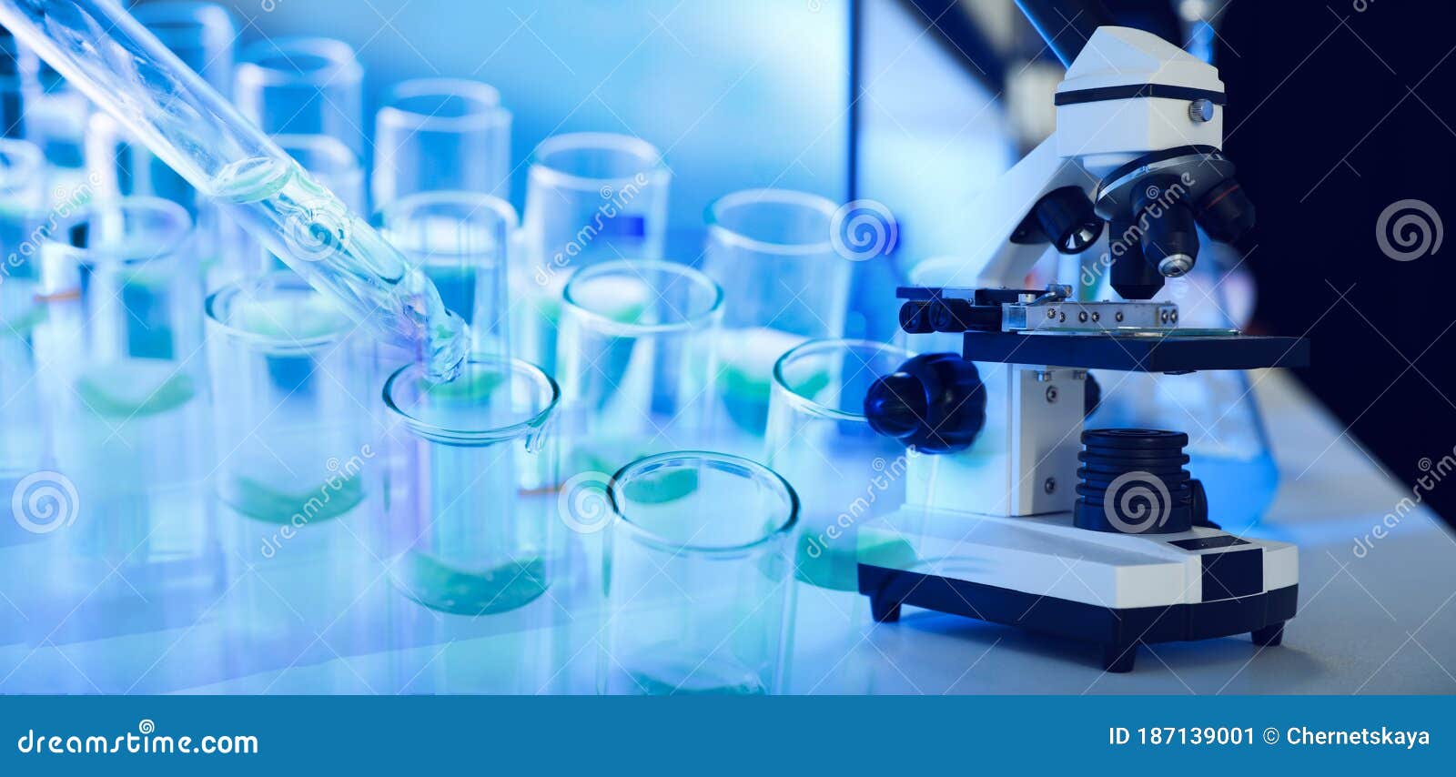 Double Exposure of Test Tubes with Samples, Microscope, Banner Design ...