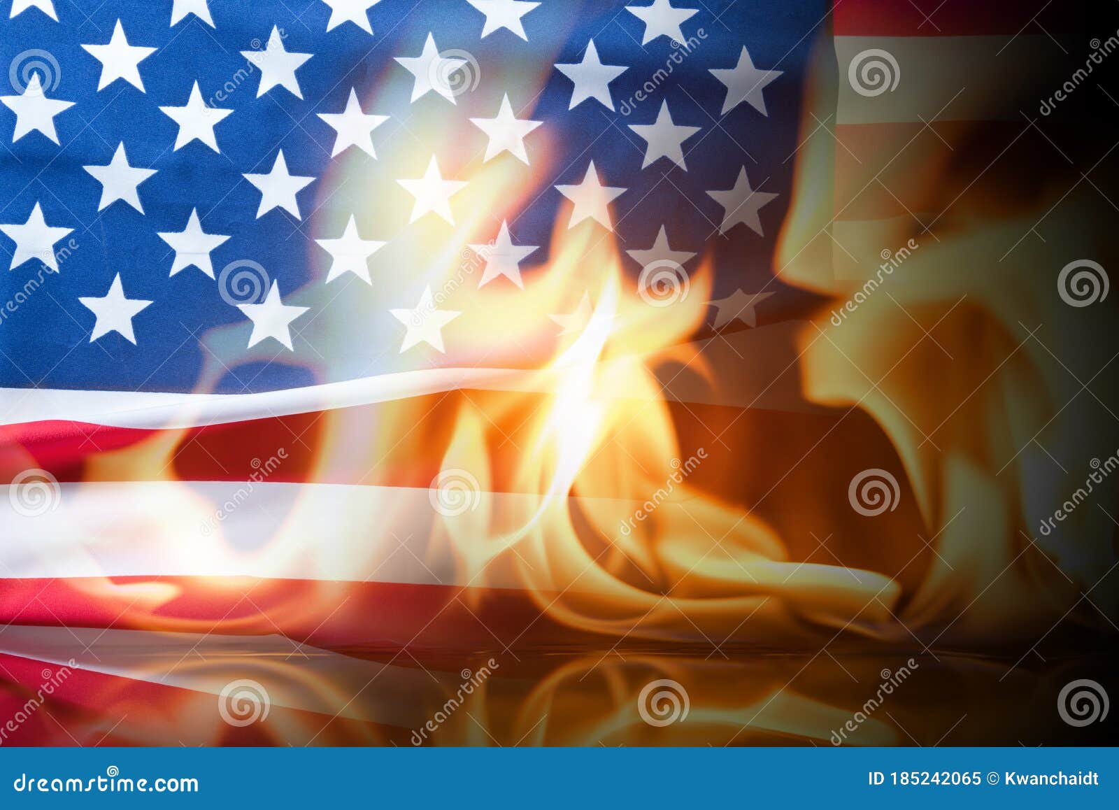 Double Exposure of USA Flag and Fire Flames on a Black Background Stock ...