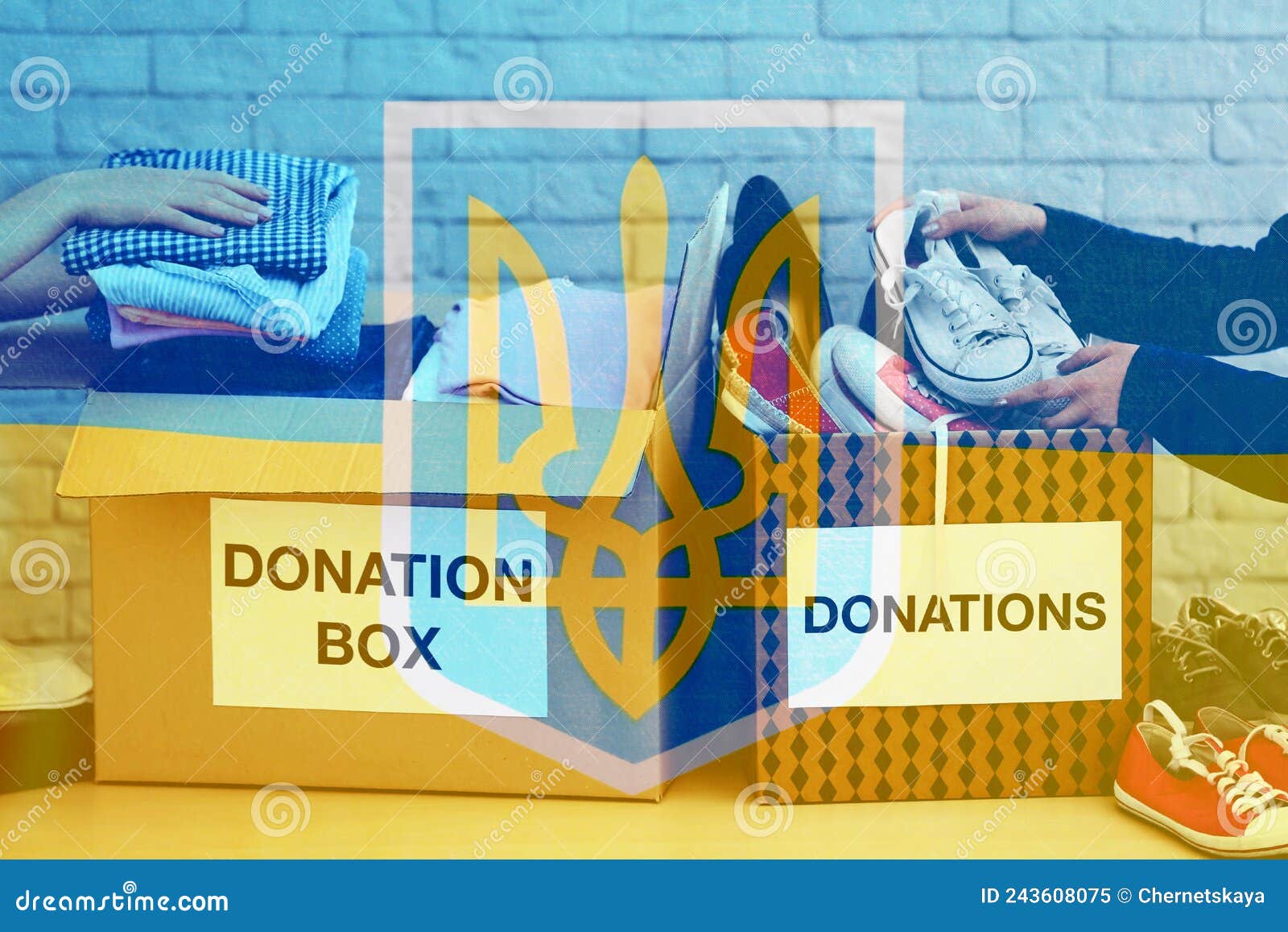 Double Exposure of Volunteers Packing Donation Boxes and Ukrainian Flag ...