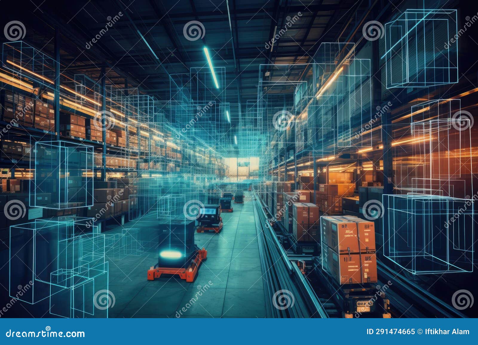 Double Exposure of Warehouse with Boxes and Forklift. Logistics and ...