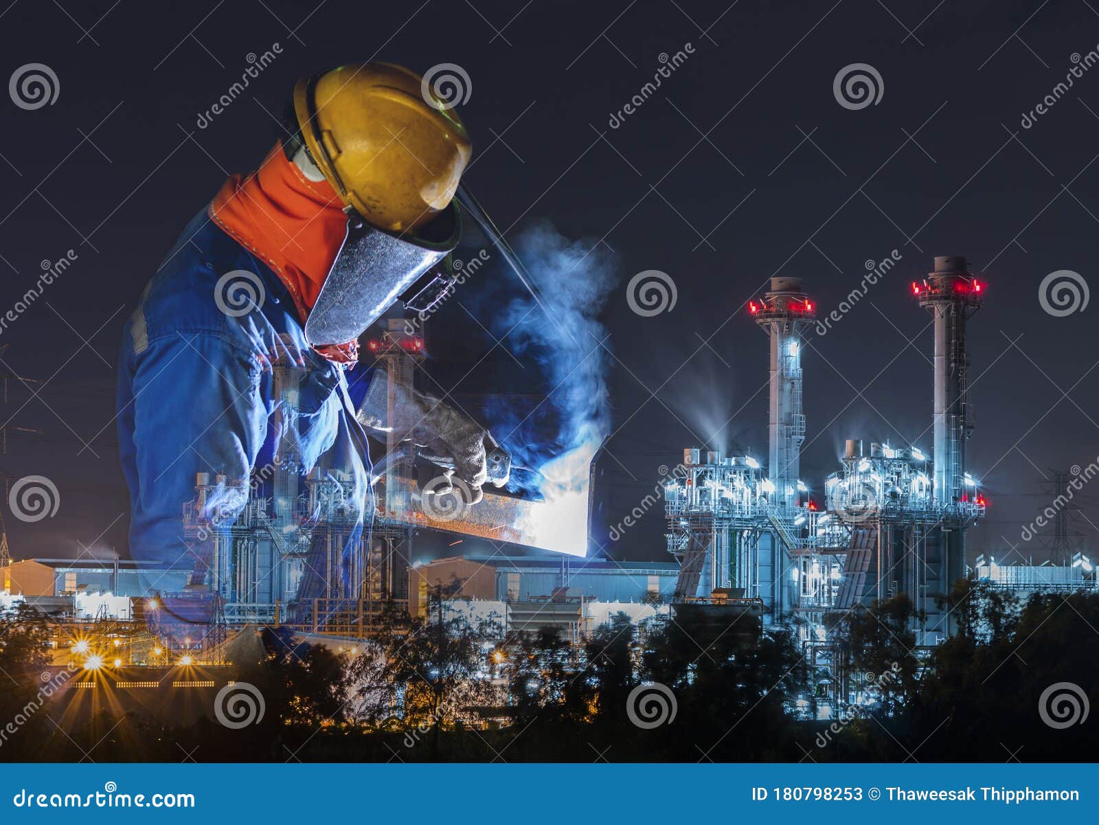 Double Exposure of Welder are Welding a Steel Structure Work Stock ...