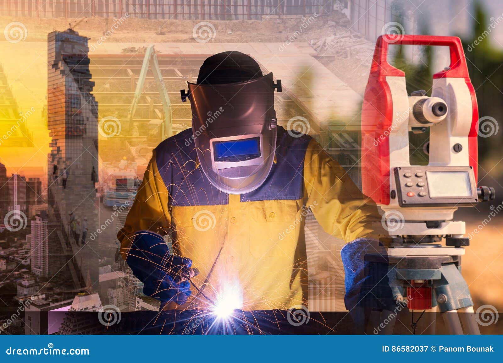 Double Exposure Welding Worker Welding Steel Structure with Buil Stock ...