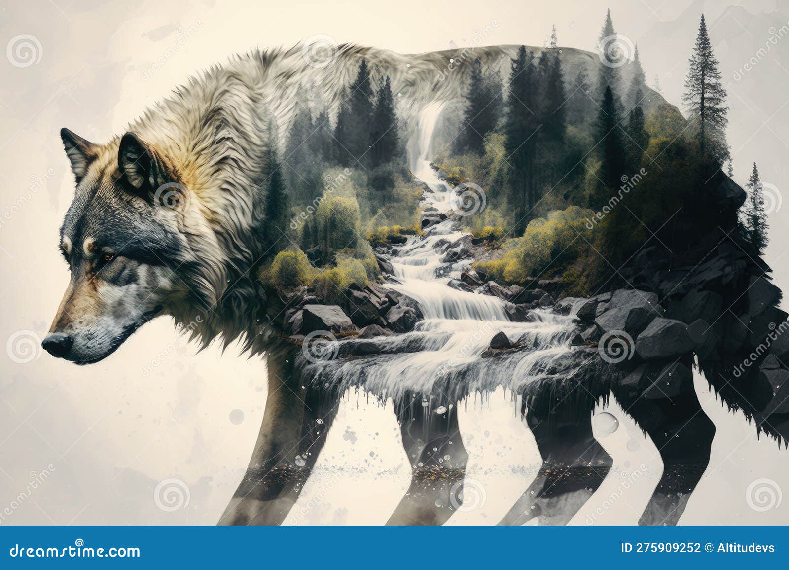 Double Exposure of Wolf and Forest Stream, with Rushing Water Visible ...