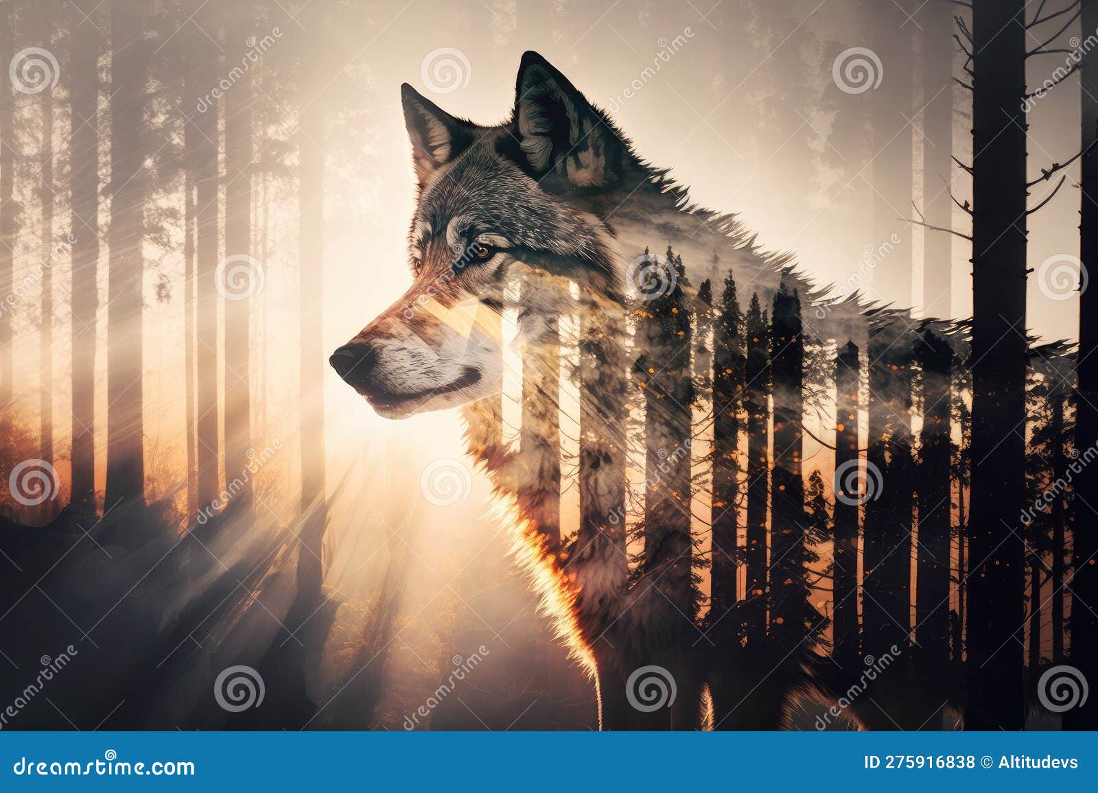 Double Exposure of Wolf and Forest with the Sun Shining through the ...