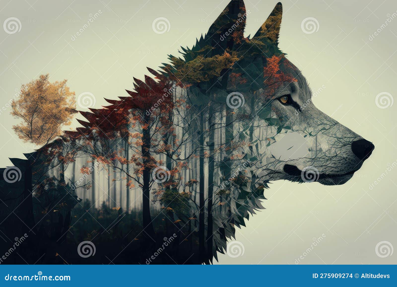 Double Exposure of Wolf and Forest, with the Trees and Leaves in Motion ...