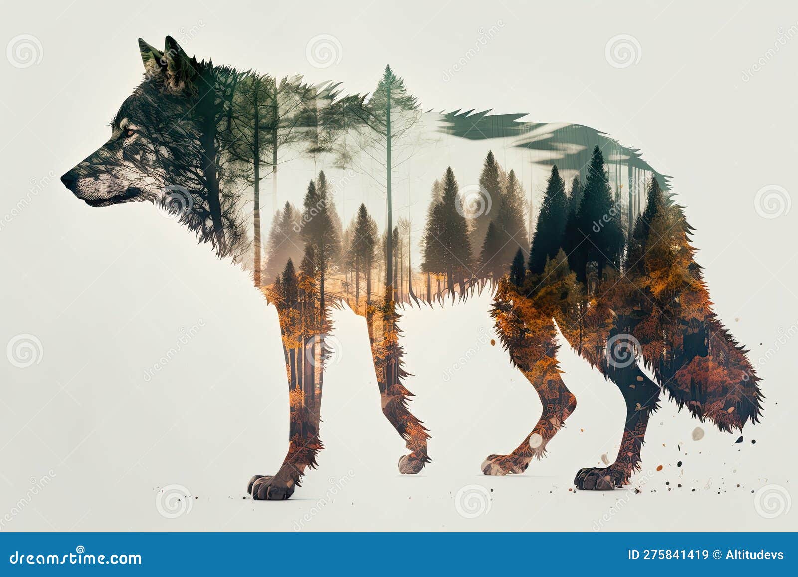 Double Exposure of Wolf and Forest, with the Trees and Leaves in Motion ...